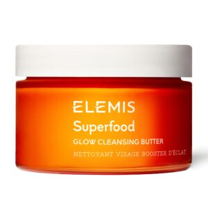 elemis superfood aha glow cleansing butter, daily skincare facial cleanser to brighten, nourish & hydrate skin, facial mask & brightening cleanser