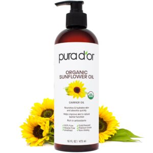 pura d'or 16 oz organic sunflower seed oil - 100% pure & natural usda certified cold pressed carrier oil for diy beauty - unscented, hexane free liquid moisturizer - face skin & hair - men & women