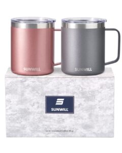 sunwill travel coffee mug with lid, insulated tumbler with handle, 14 oz stainless steel cup set of 2 for camping, outdoor, cool grey & rose gold 2 pack