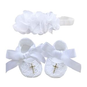 bow dream baby girl baptism christening shoes and headband set white reinstones 0-3 months