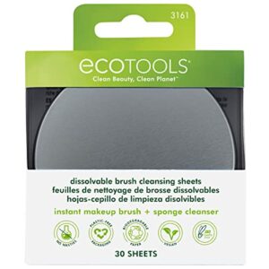 ecotools professional makeup brush cleaner and beauty blender dissolving sheets with textured mat, plastic-free recyclable packaging, cruelty free, vegan, travel size, add water, 30 sheet count