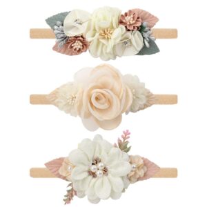 vobobe baby girl nylon headbands infant flower elastic hair band bows wraps for newborn toddler hair accessories pack of 3 (a-beige)