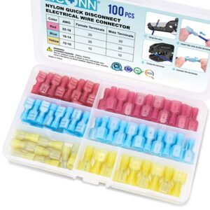 ticonn 100 pcs nylon spade quick disconnect connectors kit, electrical insulated terminals, male and female spade wire crimp terminal assortment kit