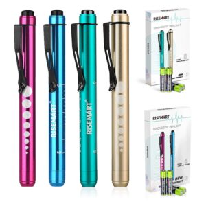 pen light, risemart reusable led medical penlight for nurse students doctors with pupil gauge, extra warm light bulb, pocket clip and batteries included