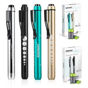 pen light, risemart reusable led medical penlight for nurse students doctors with pupil gauge, extra warm light bulb, pocket clip and batteries included