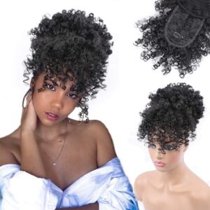 entranced styles drawstring ponytail with bangs afro puff ponytail extensions for women short curly puff ponytail with bangs clip in wrap updo hairpiece for women(1b)