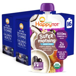 happy tot organics stage 4 baby food pouches, gluten free, vegan & dairy free snack, super morning fruit & oat blend, apple, acai, coconutmilk, oats & chia, 4 oz (pack of 16)