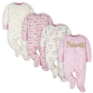 gerber baby girls 4 pack sleep 'n play footie princess pink 0-3 months