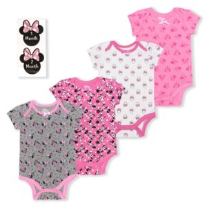 disney minnie mouse baby girls’ bodysuit 4 pack with 0-12 milestone stickers pack for newborn and infant