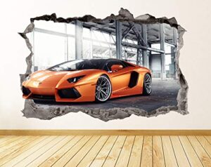 lamborghini wall decal smashed 3d graphic wall sticker art mural poster kids room decor gift up29 (36"w x 24"h)