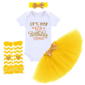 infant baby girl half birthday outfit it's my 1/2 birthday cake smash tutu set cotton short sleeve romper tulle skirt sequin bowknot headabnd leg warmers 4pcs clothes set photo props yellow 6 months