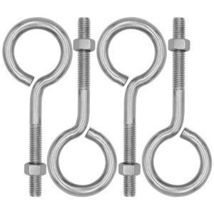 stainless steel eyebolts with nuts,4 pcs 3/8 x 5 inch long heavy duty threaded eye bolts for tie-downs, lifting and securing cables wires