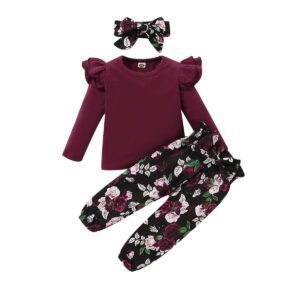 yallet 3pcs toddler girl clothes,solid color long sleeves ruffle top+ floral pant +floral headband