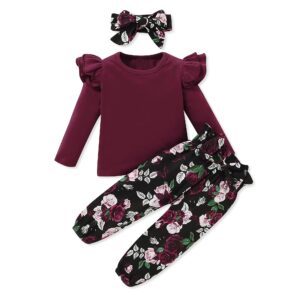 sanmio 24 month girl clothes baby girl outfits solid color ruffle top+ floral pant + headband 3pcs toddler baby girl fall outfits set