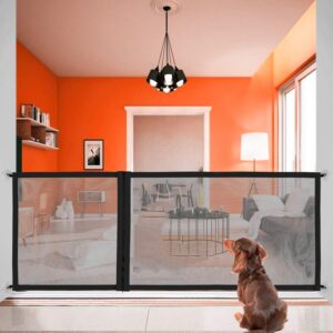 dog magic gate, mesh pet gates for dogs，adjustable zip design portable folding safety gate，70.9"/43.3"/27.6" easy install anywhere