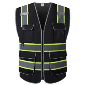 uninova high visibility safety vest - multi pockets reflective mesh breathable workwear, ansi/isea standards (large, black mesh-02)