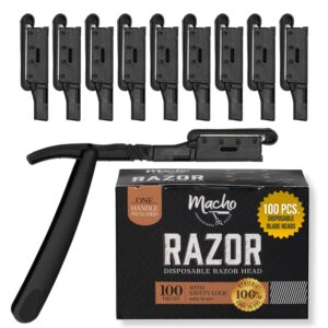 professional disposable straight razors for men - blade holder with 100 stainless steel razor blade heads - features a safety lock & blade guard for barbers, shaving, and grooming by better barber