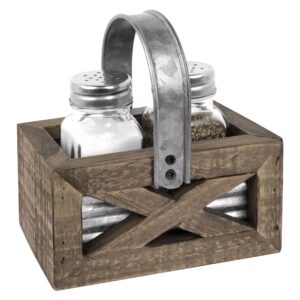 autumn alley barn door rustic salt and pepper shakers set in wood and galvanized caddy | farmhouse salt and pepper shakers for rustic kitchen decor | rustic kitchen accessory for your country kitchen