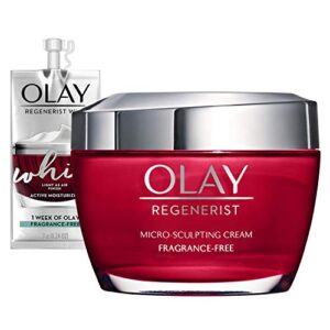 olay regenerist micro-sculpting cream face moisturizer with hyaluronic acid & vitamin b3+, fragrance-free, 1.7 oz + whip face moisturizer travel/trial size bundle