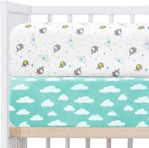 crib sheets neutral, 2 pack fitted crib sheets set, printed crib sheets for boys and girls, soft and breathable silky microfiber baby sheet fits standard crib and toddler mattress, elephant & clouds