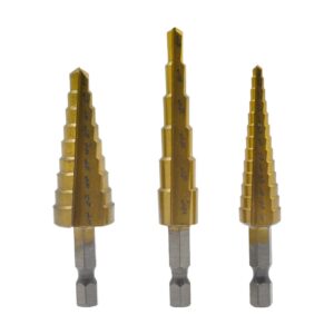 qjaiune titanium step drill bit set 3 pcs 28 sizes in one kit, 1/4" hex shank for soft metal, wood, plastic