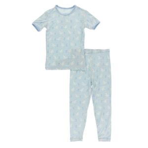 kickee welcome home pajama set, short sleeve, long pants, snug fit baby and kid pajamas (spring sky stork - 4t)