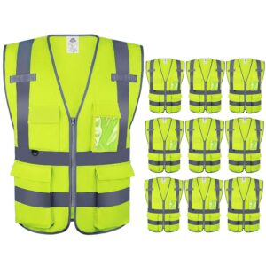 dazonity high visibility safety vest with multi pockets and zipper, 10 packs,reflective strips, fit for men & women, work, construction,cycling, runnning, surveyor, volunteer (yellow-xl)