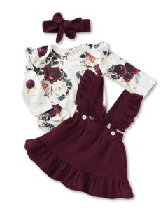 kucnuzki 1 year old girl clothes toddler girl fall outfit ruffled infant long sleeve romper marron suspender dress skirt set baby clothes girl 12-18 months