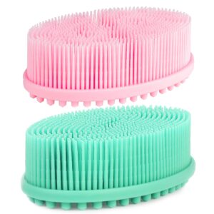 heeta 2 pack body brush for wet dry brushing, silicone body scrubber for gentle exfoliating on softer glowing skin, massage with silicone loofah bath brush, shower brush for women men (pink & green)