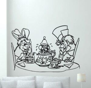 alice in wonderland wall decal sticker tea party tea time white rabbit mad hatter vinyl sticker cartoon wall art design housewares kids boy girl room bedroom decor removable wall mural 19crt