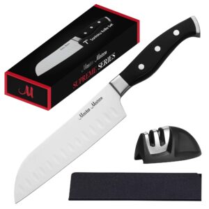 master maison santoku knife set 7" premium german stainless steel - includes sharpener, edge guard, and gift box - sharp kitchen knife for professional chefs and home cooking