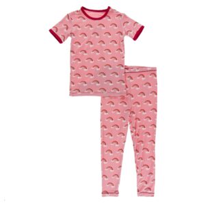 kickee welcome home pajama set, short sleeve, long pants, snug fit baby and kid pajamas (strawberry rainbows - 4t)