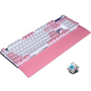 mechanical gaming keyboard, with multimedia knob, wrist rest, metal panel, white led backlit, pink and white pbt keycaps, usb wired full-size keyboard for gamer office pc laptop mac (blue switch)