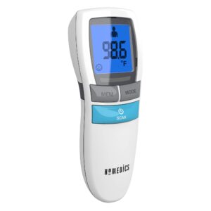 homedics no-touch infrared thermometer, reliable and accurate body temperature readings, ultra-fast results, digital display for fahrenheit or celsius, quiet nighttime mode and high-fever alarm