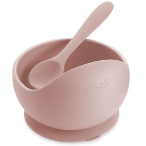 ali+oli silicone suction bowl and spoon set (blush, original) - unbreakable suction bowls for baby 6 months and up, self feeding baby utensils, first stage baby feeding supplies