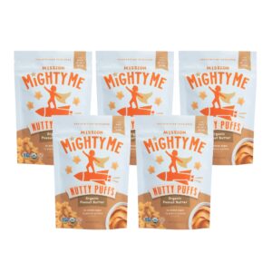 mission mighty me nutty puffs peanut butter puffs for babies + kids - pediatrician developed - usda organic, plant-based protein, gluten-free puffs baby snack - peanut flavor (1.5oz, 5-pack)