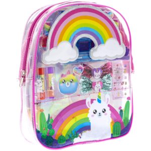 townley girl no drama llama makeup filled backpack set with 10 pcs, including lip gloss, lip balm, nail polish, nail stickers, hair bows, flip up mirror and more, ages 3+