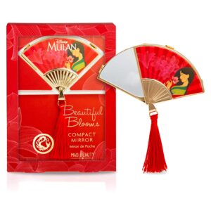 mad beauty disney mulan compact mirror | cruelty-free cosmetics | vibrant red beautiful blooms fan design with tassels | gifts for women, adults, and kids