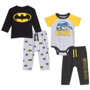 dc comics justice league batman newborn baby boys bodysuit pullover t-shirt and pants 4 piece layette set dark multipack 6-9 months