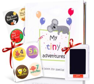 baby memory book + clean-touch ink pad + 28 monthly & milestone stickers. the perfect newborn bundle for a new mom by tiny gifts