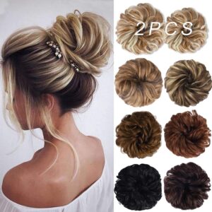 messy bun hair piece, 2pcs tousled updo hair extensions hair bun hcb001 daisy curly wavy ponytail hairpieces hair scrunchies with elastic rubber band for women - golden blonde bleach blonde highlights