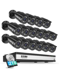 zosi 3k lite 16channel security camera system,ai human/vehicle detection,night vision,remote access,16pcs 1080p outdoor surveillance bullet cam,h.265+ 1080p 16ch dvr with 2tb hdd for 24/7 recording