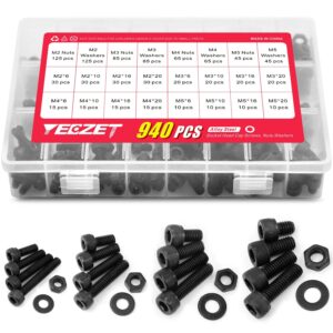 yeezet m2 m3 m4 m5 12.9 grade alloy steel hex socket head cap screws bolts nuts flat washers set assortment kit with storage box, allen socket drive (940 pcs)