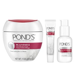 pond's skin care regimen pack anti-aging face moisturizer, eye cream, and face serum rejuveness with vitamin b3 and retinol complex to visibly reduce wrinkles and signs of aging, 3 count (pack of 1)