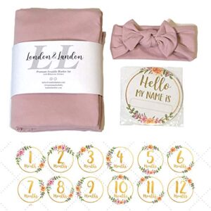 baby swaddle blanket set with headband, nursery swaddling receiving wrap for girls,13 welcome home milestone stickers bundle with bow, newborn photo growth mat, infant wrap 48"x48" dusty rose (mauve)