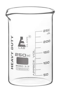 eisco heavy duty beaker, 250ml - 5mm thick, uniform walls - superior durability & chemical resistance - white graduations - borosilicate 3.3 glass