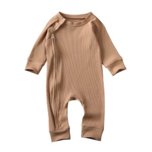 iddolaka newborn baby boy girl long sleeve zipper romper bodysuit jumpsuit playsuit one piece outfit fall winter clothes(z-long sleeve fall romper khaki, 0-3 months)