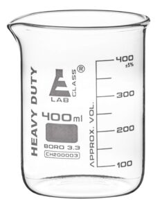 eisco heavy duty beaker, 400ml - 5mm thick, uniform walls - superior durability & chemical resistance - white graduations - borosilicate 3.3 glass