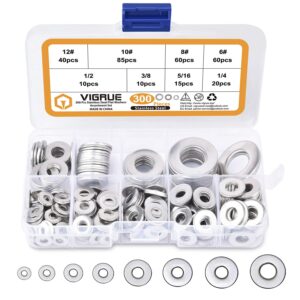 vigrue 304 stainless steel flat washers assortment washers hardware set 300pieces,8sizes 1/2" 3/8" 5/16" 1/4" 12# 10# 8# 6#