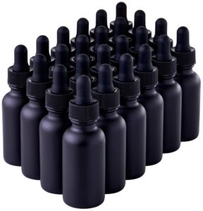 24 pack black coated boston round essential oils aromatherapy glass bottles jar with black dropper cap, 1oz